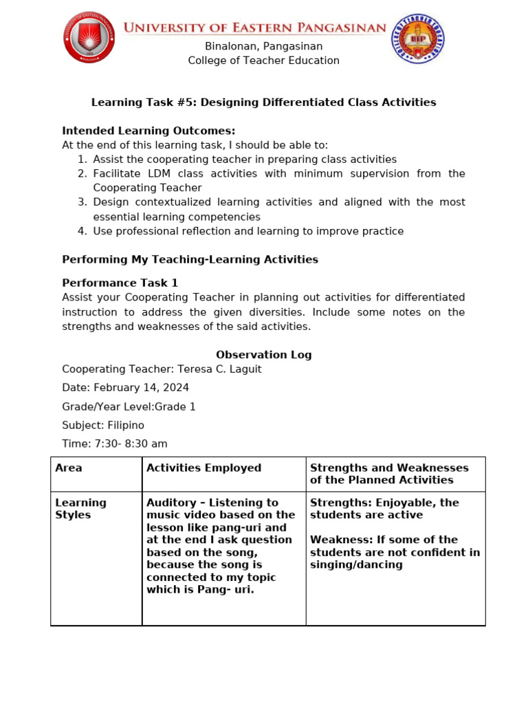 TOGUPEN JEREMY R. - Learning Task #5 Designing Differentiated Class ...