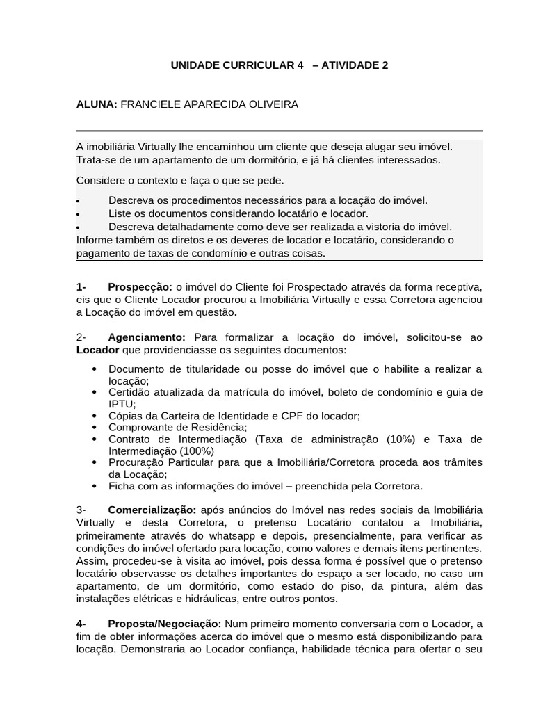 Atividade-2-UC04 - Franciele Aparecida Oliveira | PDF | Aluguel | Leasing