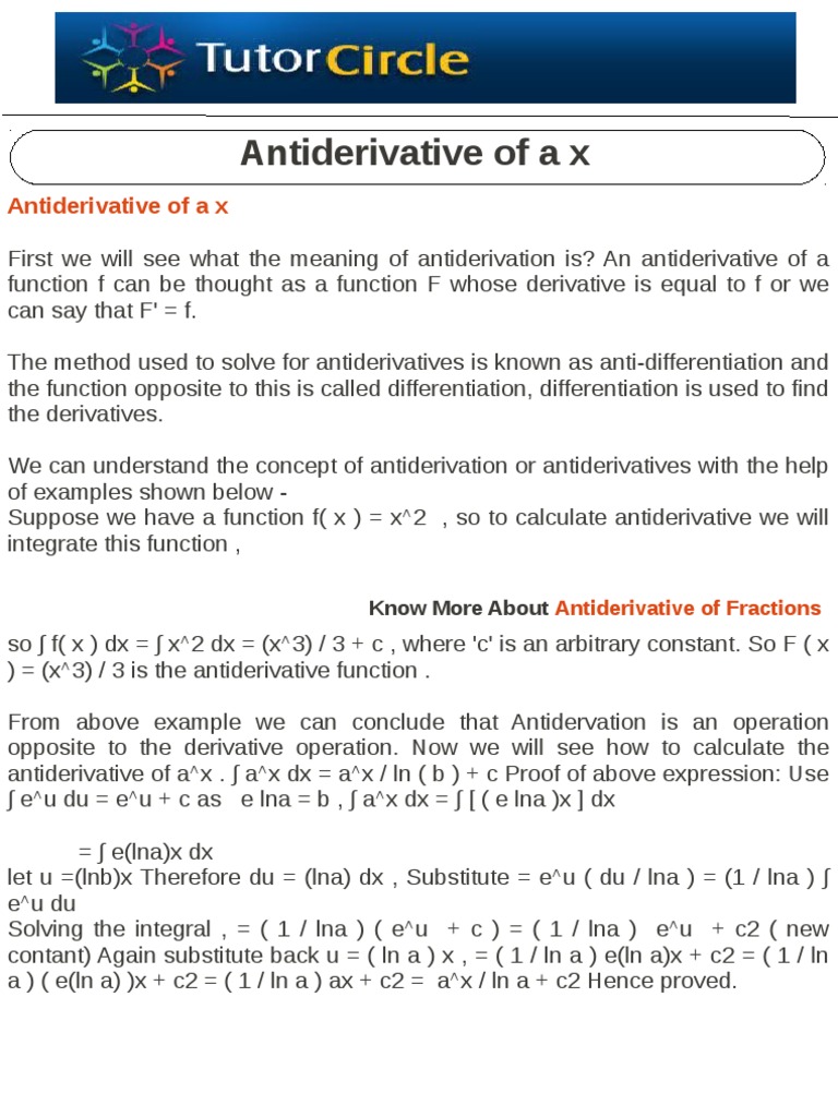 Anti Derivative of A X | PDF | Derivative | Function (Mathematics)