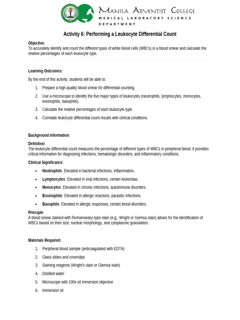 Activity 6- Leukocyte Diff Count | PDF | White Blood Cell | Histology