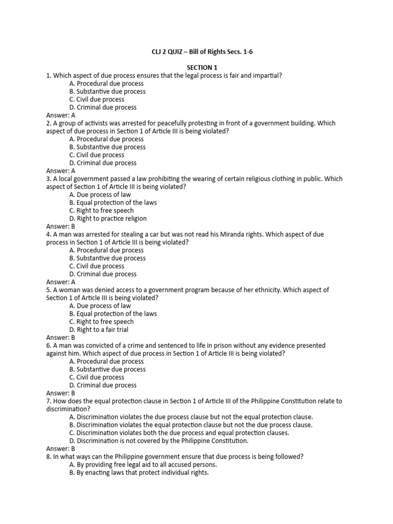 CLJ Bill of Rights Quiz Answer Key Sec 1-6 | PDF | Search Warrant ...