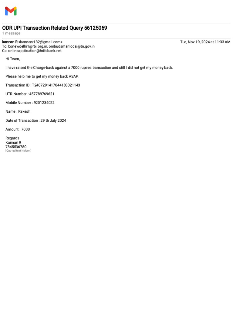 Chargeback Request for UPI Transaction | PDF