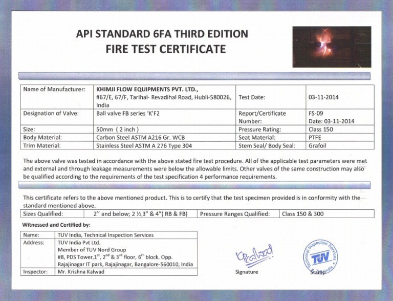 Api Standard 6fa Fire Safe Certificate 150 | PDF