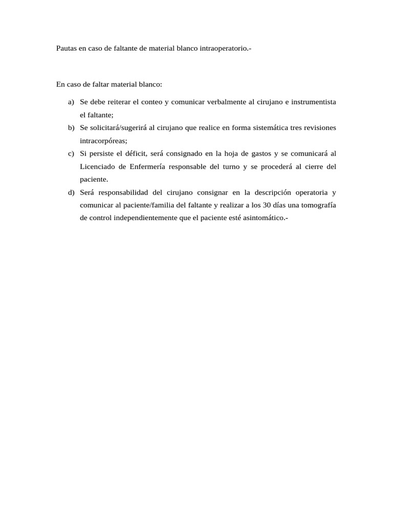 Pautas en Caso de Faltante de Material Blanco Intraoperatorio | PDF