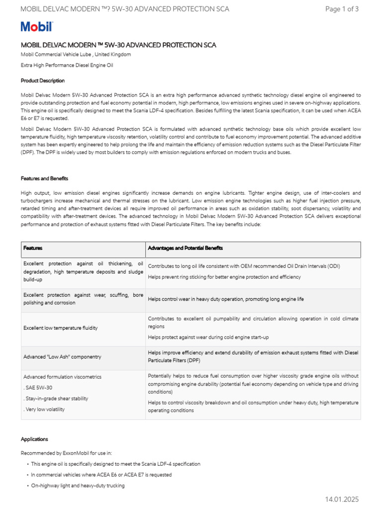 EU-XX-MOBIL-DELVAC-MODERN-5W-30-ADVANCED-PROTECTION-SCA | PDF | Motor Oil | Diesel Engine