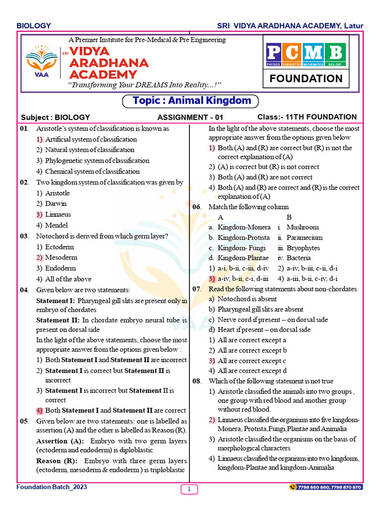 Biology Assignment: Animal Kingdom Concepts | PDF | Developmental ...