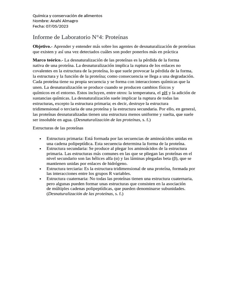 Deber 1 - 2 Quimica de Alimentos | PDF | Estructura proteica | Proteínas
