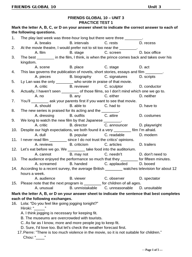 Tieng Anh 10 Friends Global - Unit 3 - Test 1 | PDF | Soap Opera