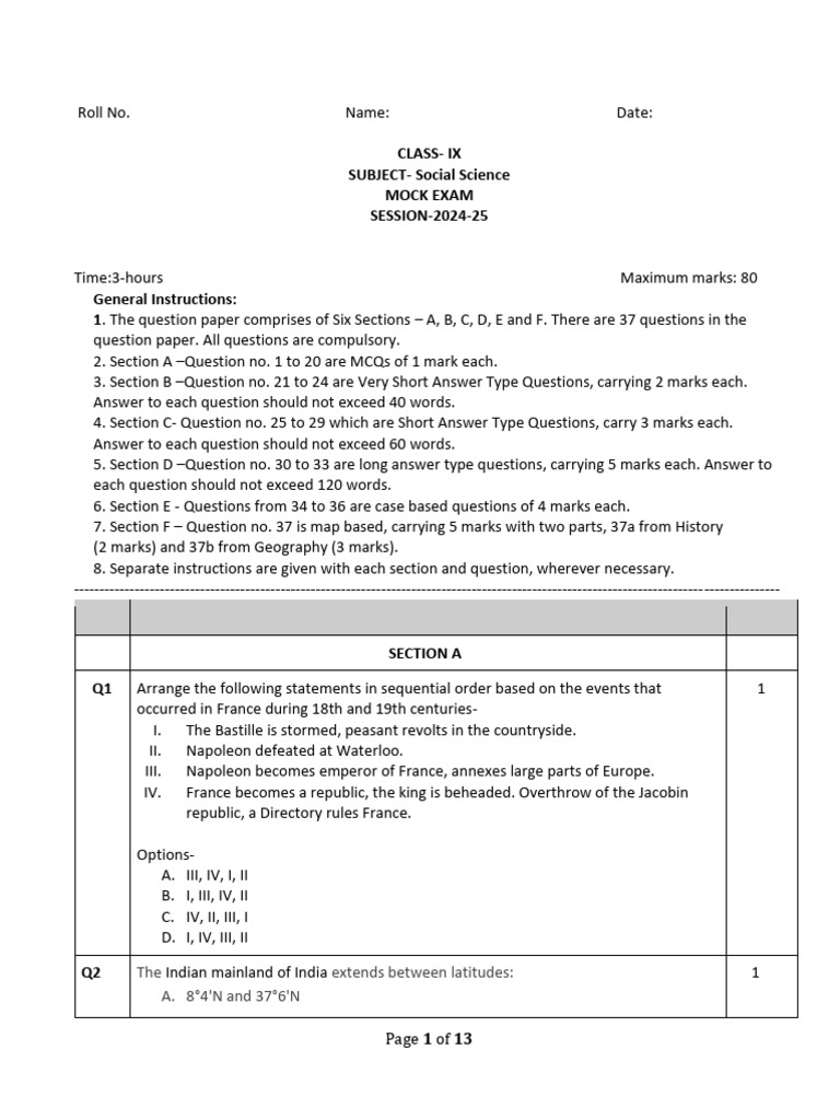 Class IX History Pol Sci Mock Exam | PDF | Population | Poverty