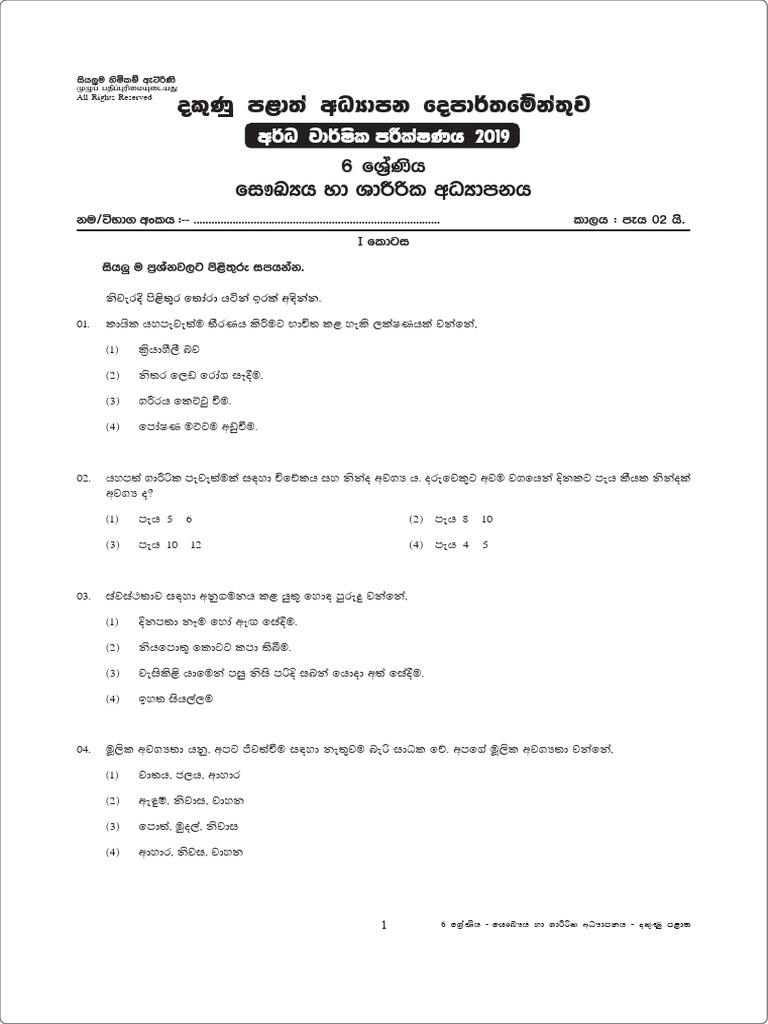 Southern Province Grade 6 Health Physical Education 2019 2 Term Test ...