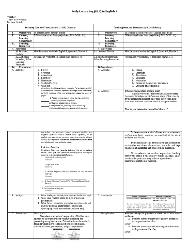 Lesson Plan in English 9 | PDF | Bias | Evidence