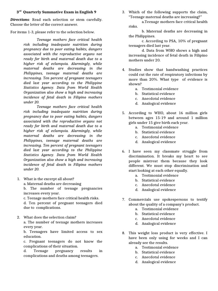 Summative Examination in English 9 | PDF | Bias | Teenage Pregnancy