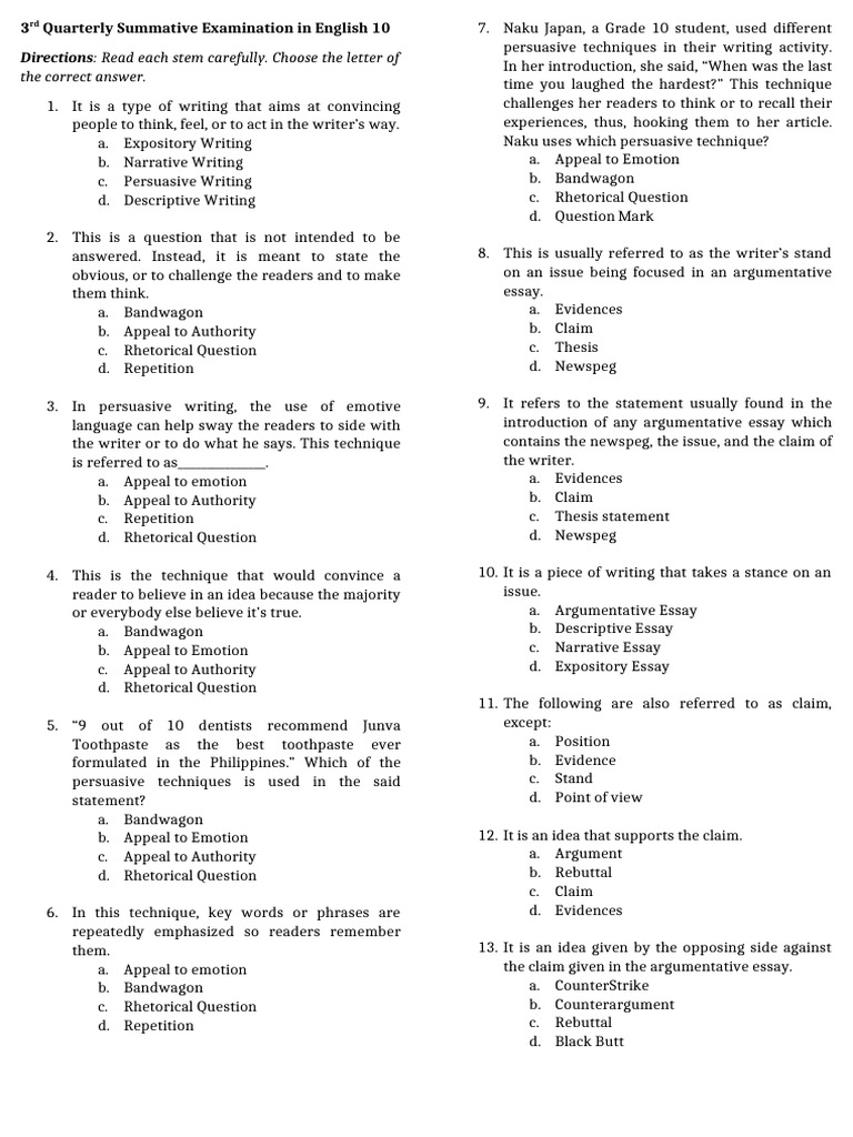 Summative Examination in English 10 - 2025 | PDF | Essays
