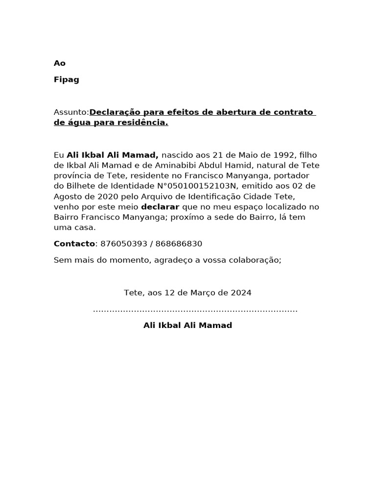 Declaracao Pedido de Abertura de Agua Fipag | PDF