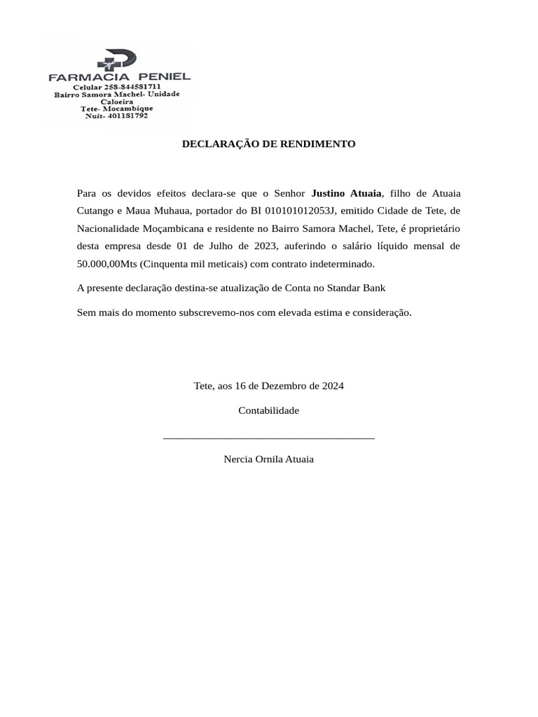 Declaração de Rendimento | PDF