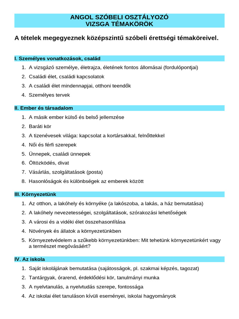 Osztályozó Vizsga Tételek | PDF