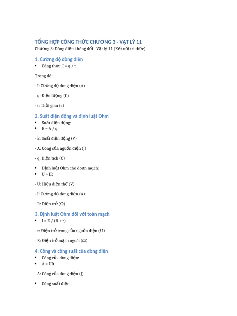 Cong Thuc Chuong 3 Vat Ly 11 | PDF