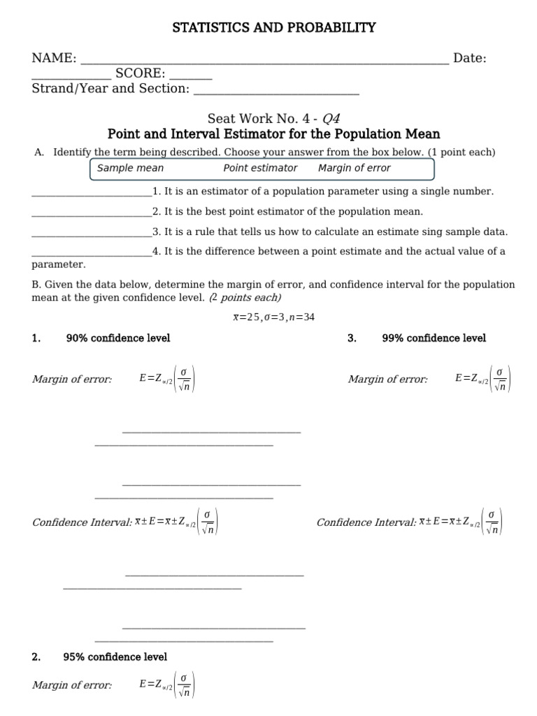 SW3Q4 Point and Interval Estimator For The Population Mean | PDF | Estimator | Confidence Interval