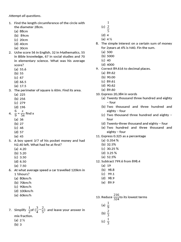 Primary 6 Common Entrance Math Practice | PDF | Multiple Births
