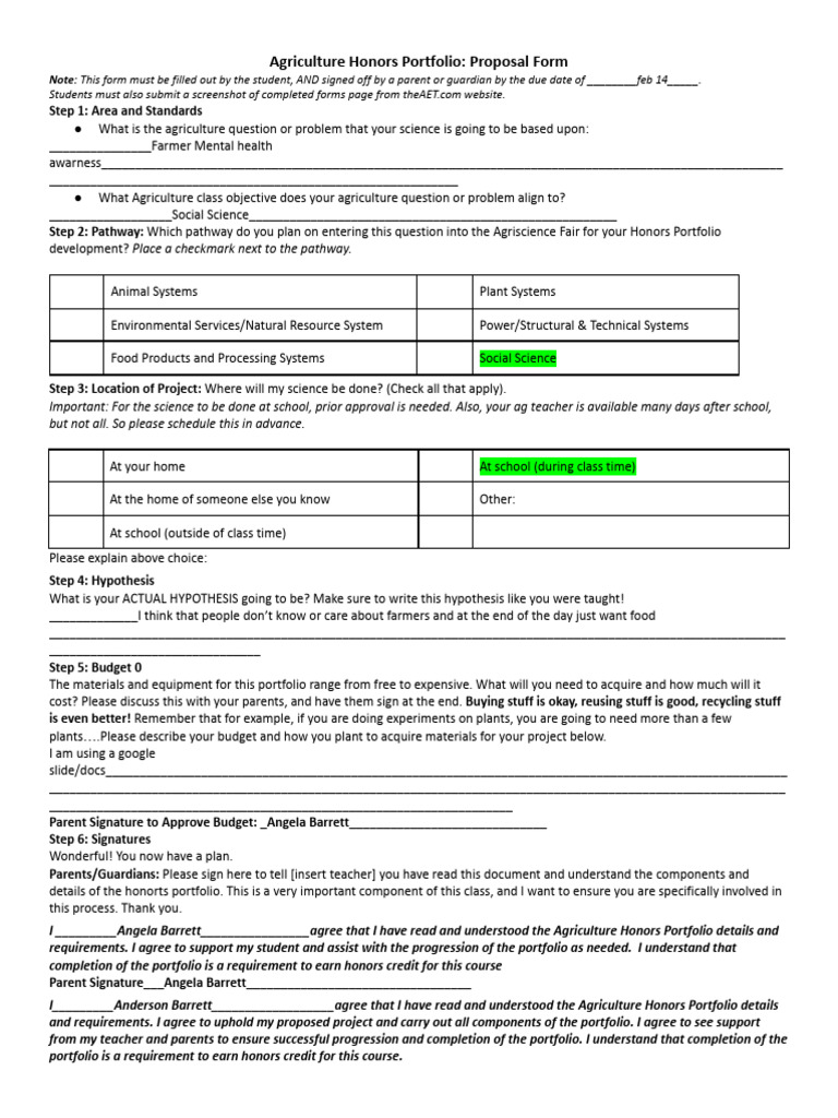 Agriculture Honors Portfolio Proposal Form | PDF