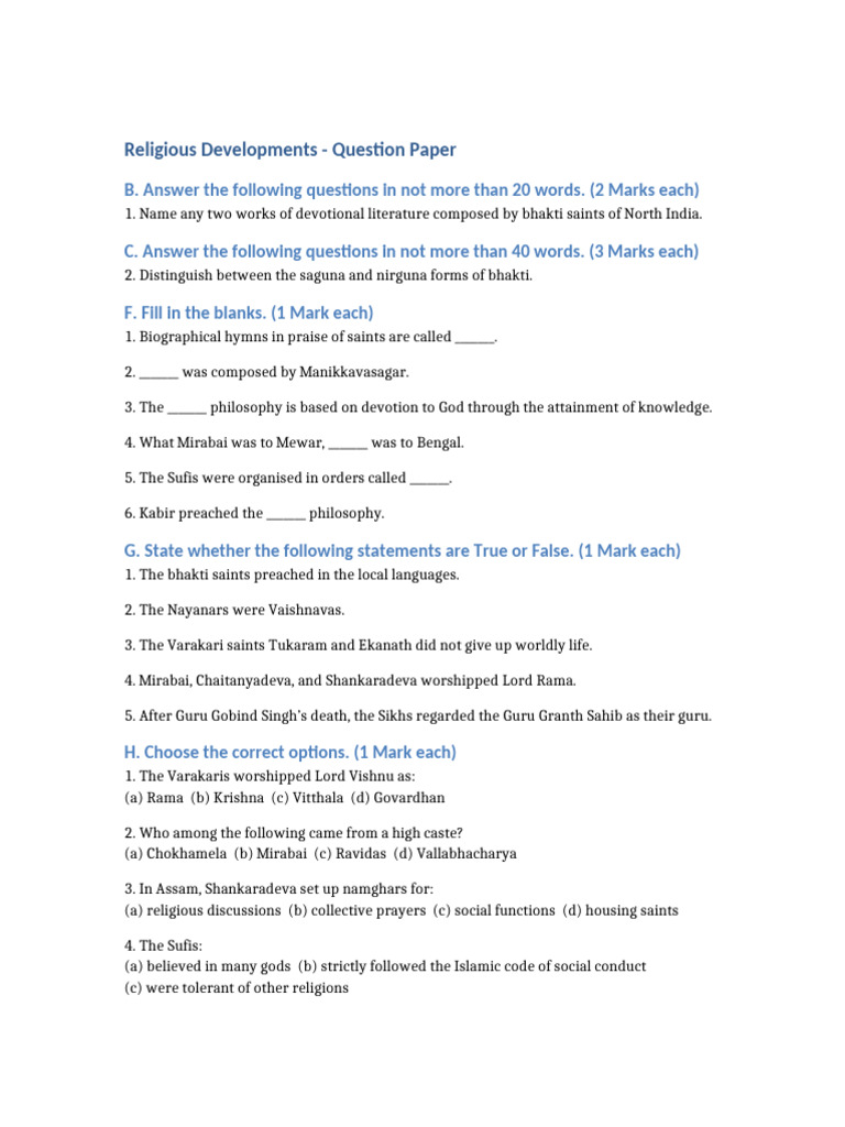 Religious Developments Question Paper | PDF