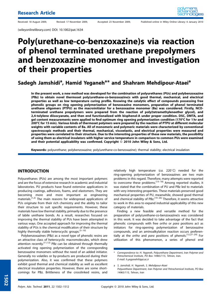 Poly (Urethane-Co-Benzoxazine) S Via Reaction of Phenol Terminated ...