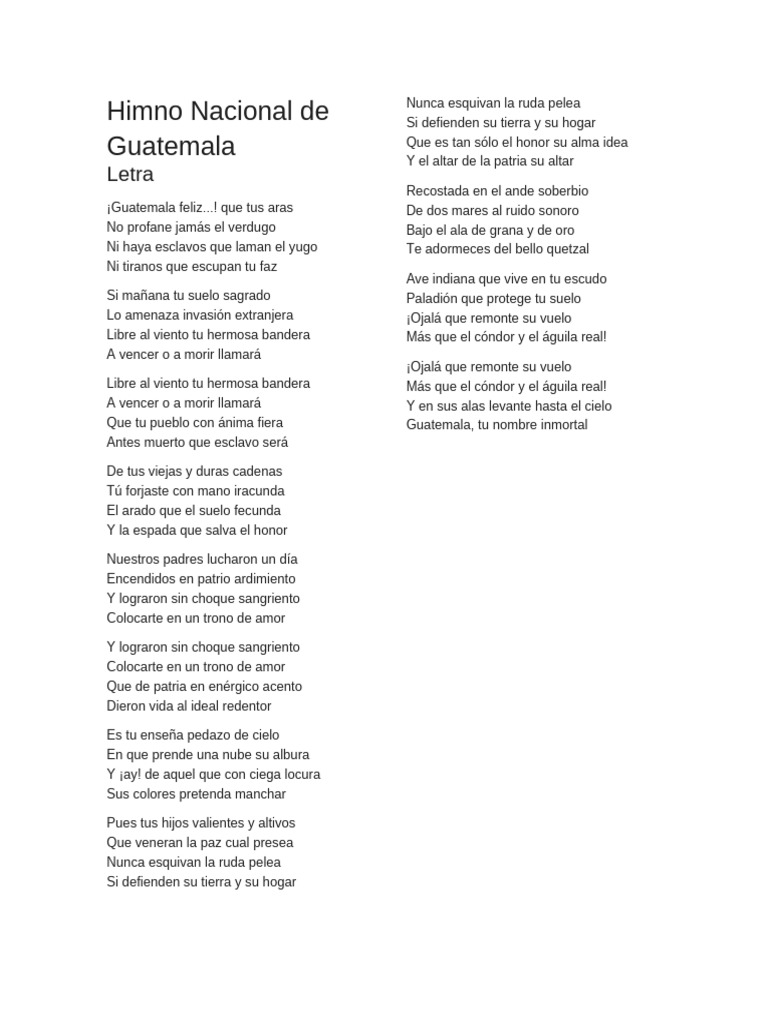 Himno Nacional de Guatemala: Letra y Significado | PDF