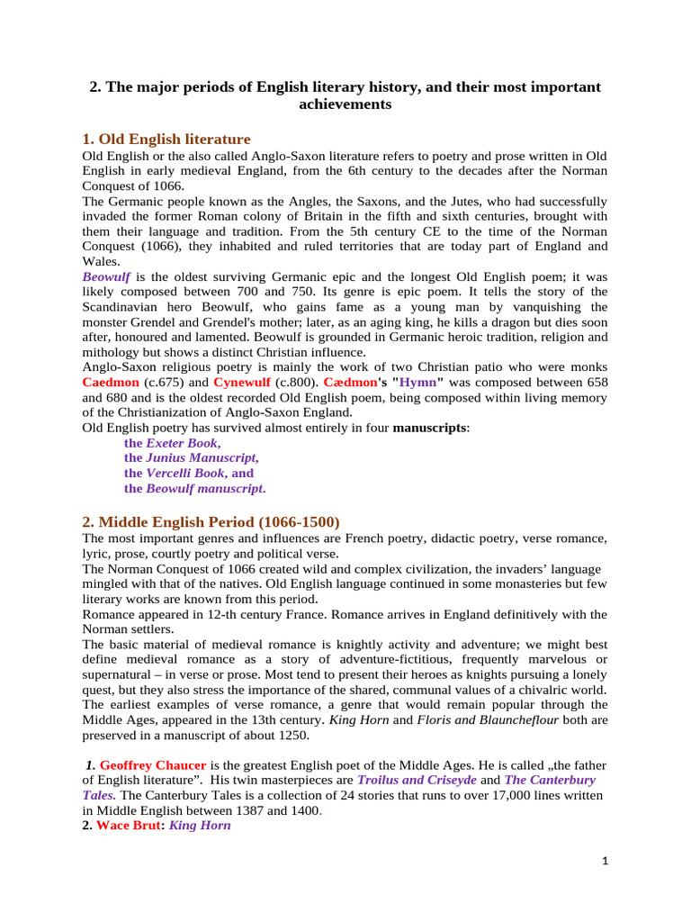 Major Periods of English Literary History | PDF | Beowulf | William ...