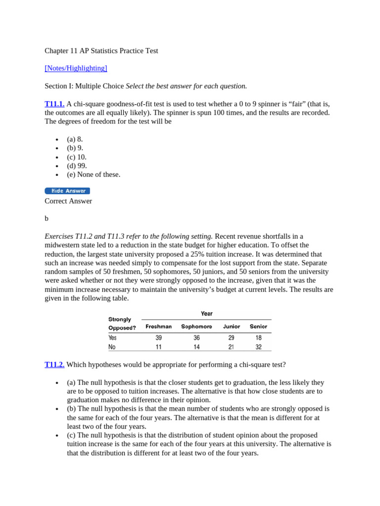 Chapter 14 AP Statistics Practice Test Answers | PDF | P Value | Chi ...