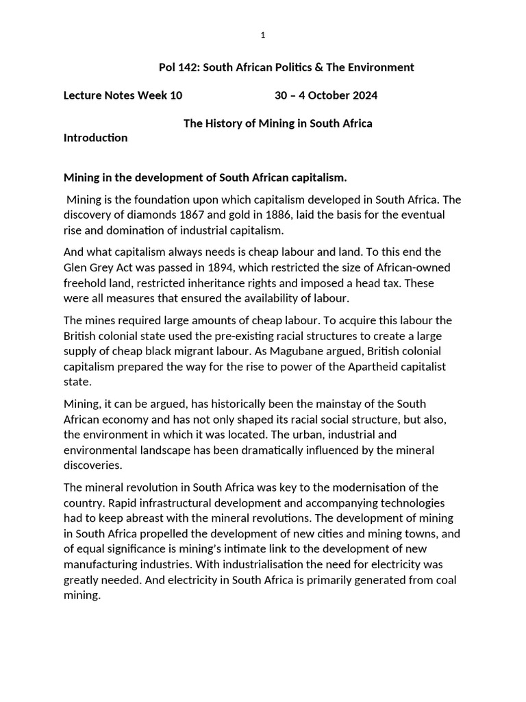 Pol 142 Week 10 Lectuter Notes The History of Mining in South Africa 30 ...