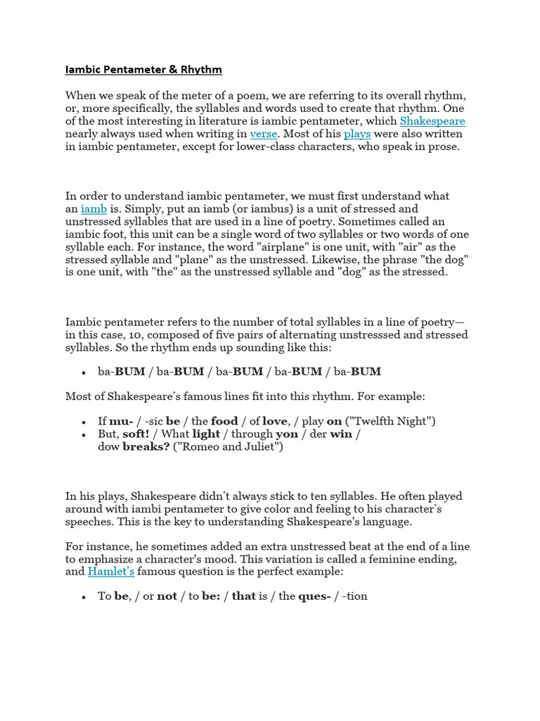Notes on Iambic Pentameter & Rhythm | PDF | Poetics | Phonetics