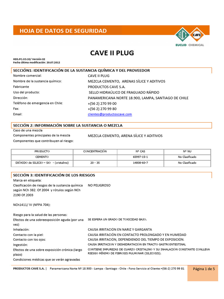Hoja de Seguridad CAVE II PLUG | PDF | Agua | Carbón