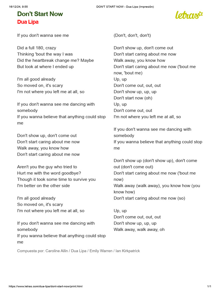 Don't Start Now - Dua Lipa Lyrics | PDF | Pop Music | Songs