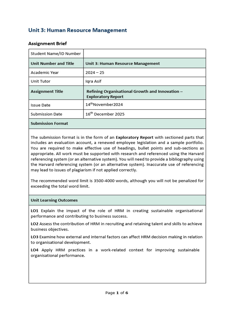 Unit 3 Assignment Brief 2024-25 | PDF | Human Resource Management | Employment