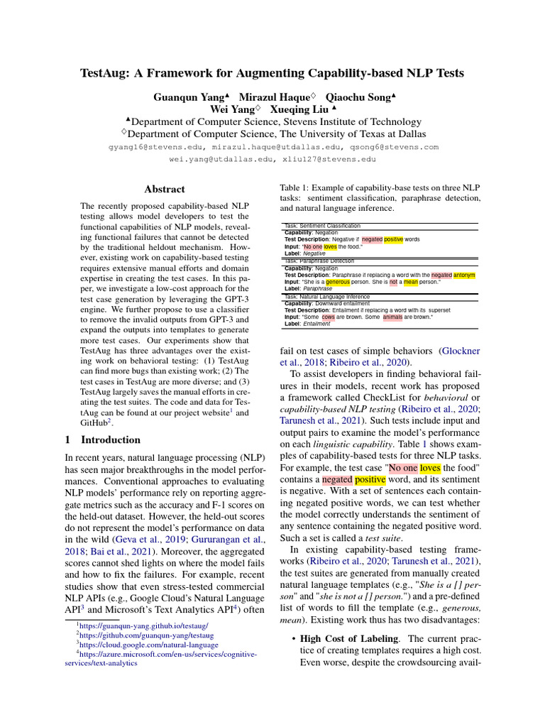 Testaug A Framework For Augmenting Capability Based Nlp Tests Pdf Software Testing Software