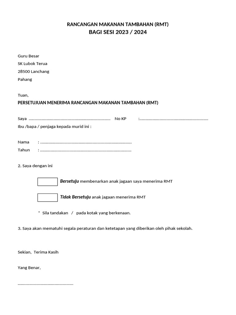 Borang Setuju Terima RMT Susu | PDF