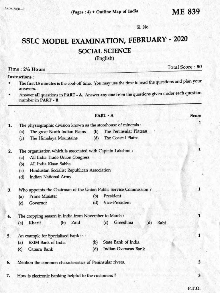 SSLC Model Exam 2020 Social Science English Medium Question Paper | PDF