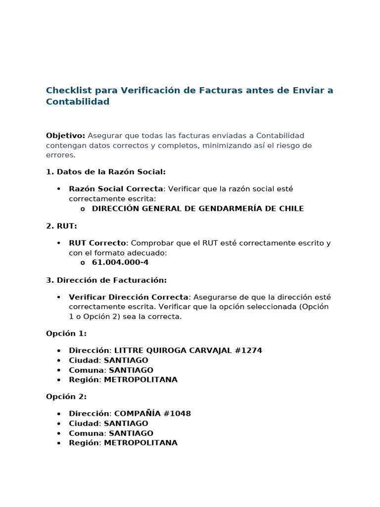 Checklist para Verificación de Facturas Antes de Enviar A Contabilidad ...