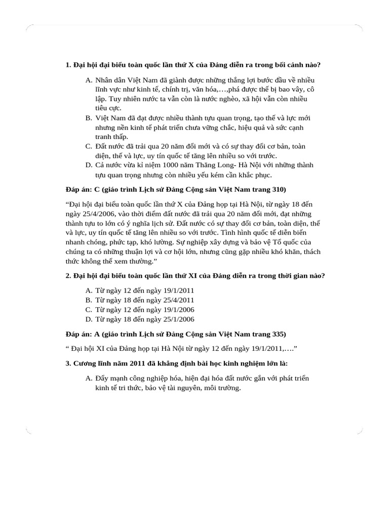 Cau Hoi On Tap Dai Hoi X Xi Lich Su Dang Cong San Viet Nam Dai Hoc Kin 80263 | PDF