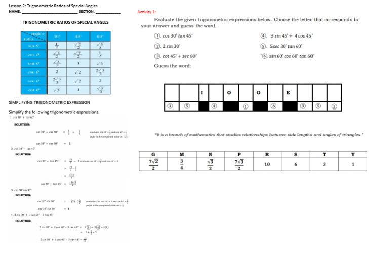 Six Trigonometric Ratios of Special Angles | PDF