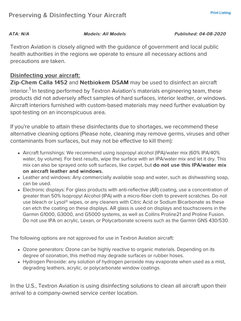 Textron Airplane Cleaning | PDF | Disinfectant | Materials