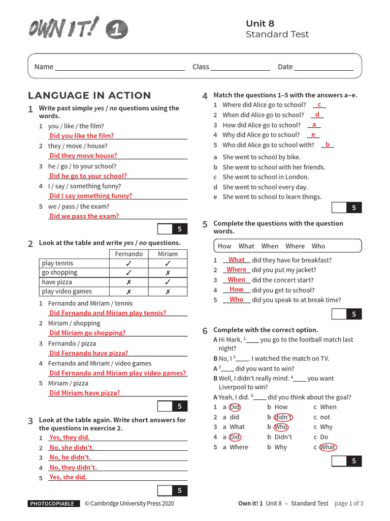 Unit 8 Standard Test Answers | PDF