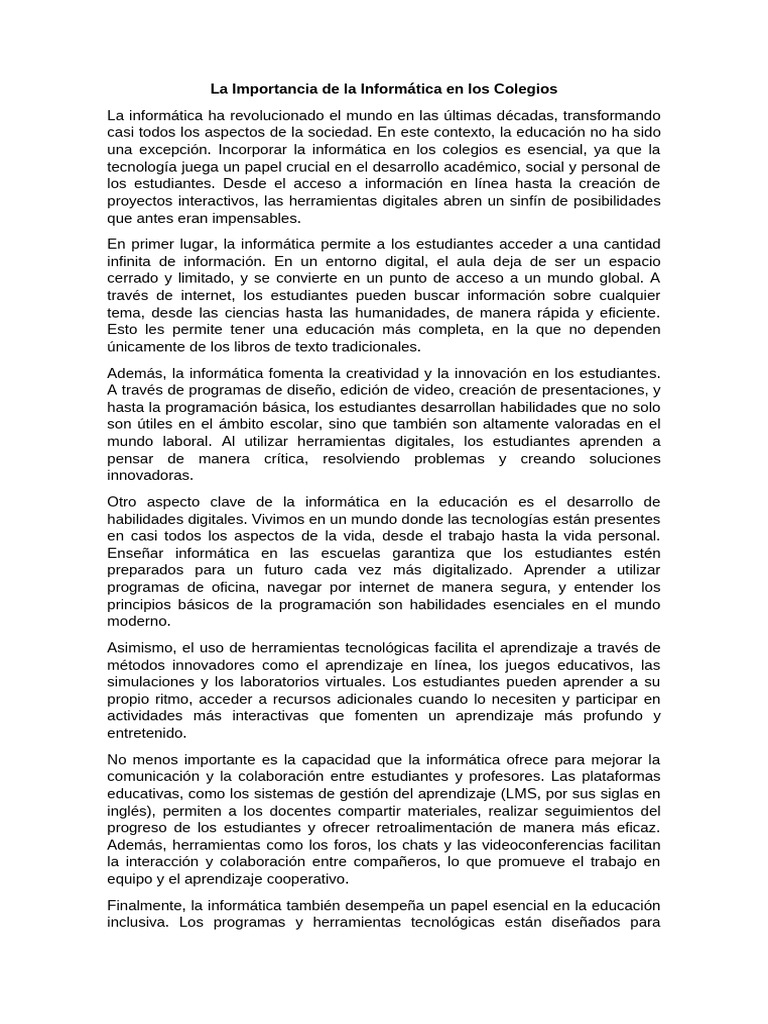 Informática en la Educación Escolar | PDF | Aprendizaje | Internet