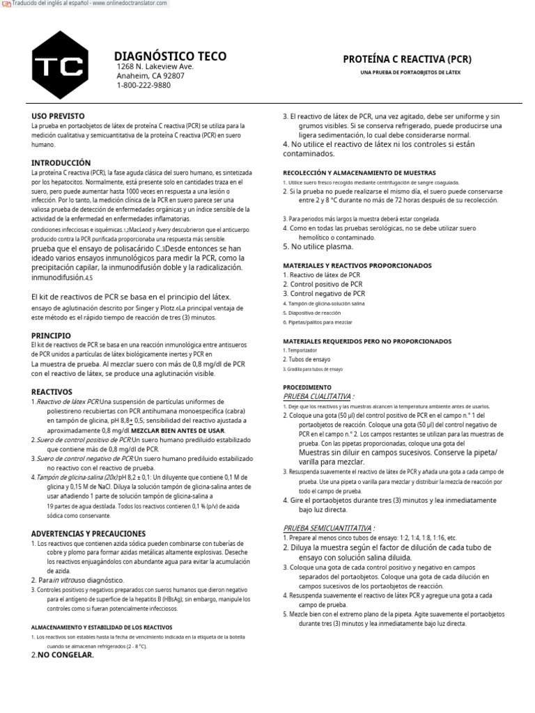 TECO CRP Package Insert - En.es | PDF | Proteína C-reactiva