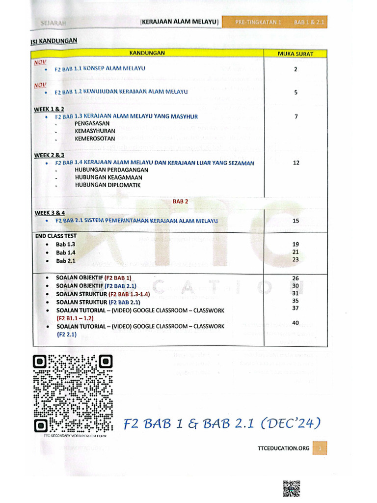 TTC Sejarah Bab 1-2.1 (Dec 2024) | PDF