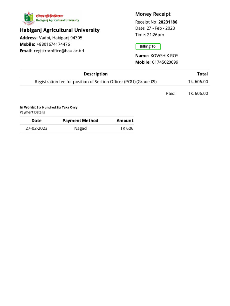 Hau Application Money Receipt | PDF
