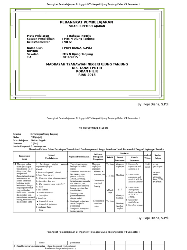 Silabus ENGLISH Karakter Kelas7 SMT2 | PDF