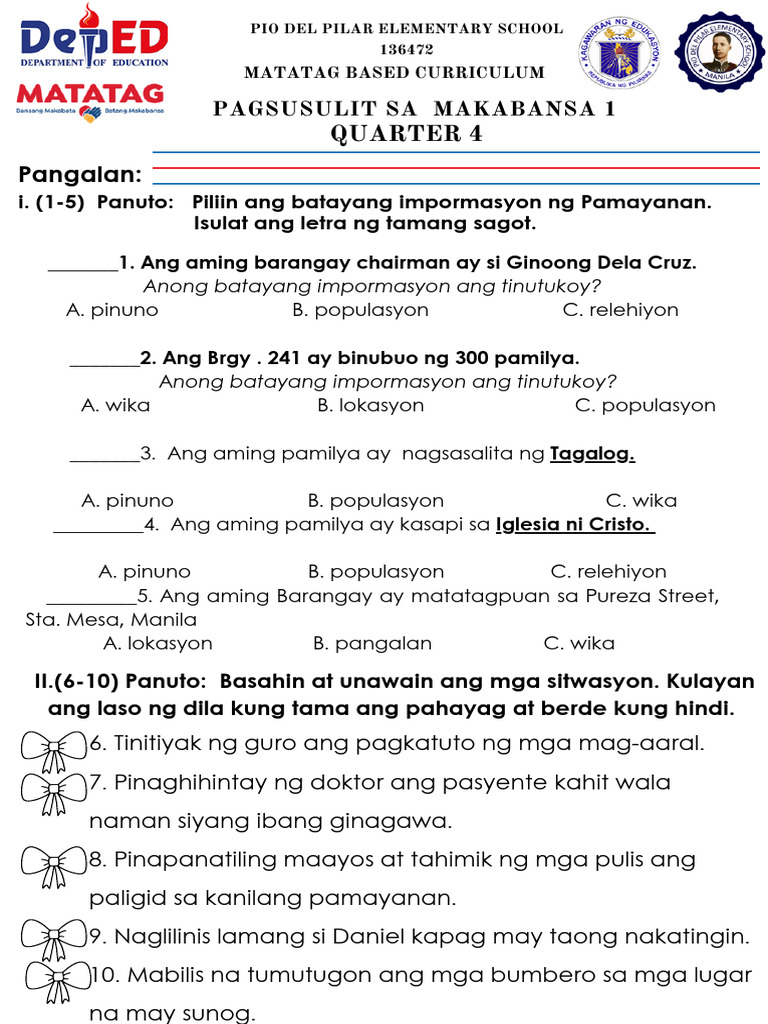 Q4 - Pagsusulit Sa Makabansa - Final | PDF