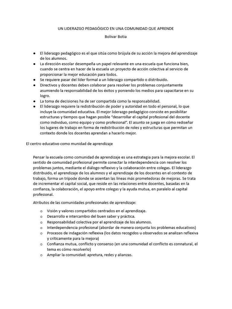 Resumen Un Liderazgo Pedagógico en Una Comunidad Que Aprende | PDF | Aprendizaje | Enseñando
