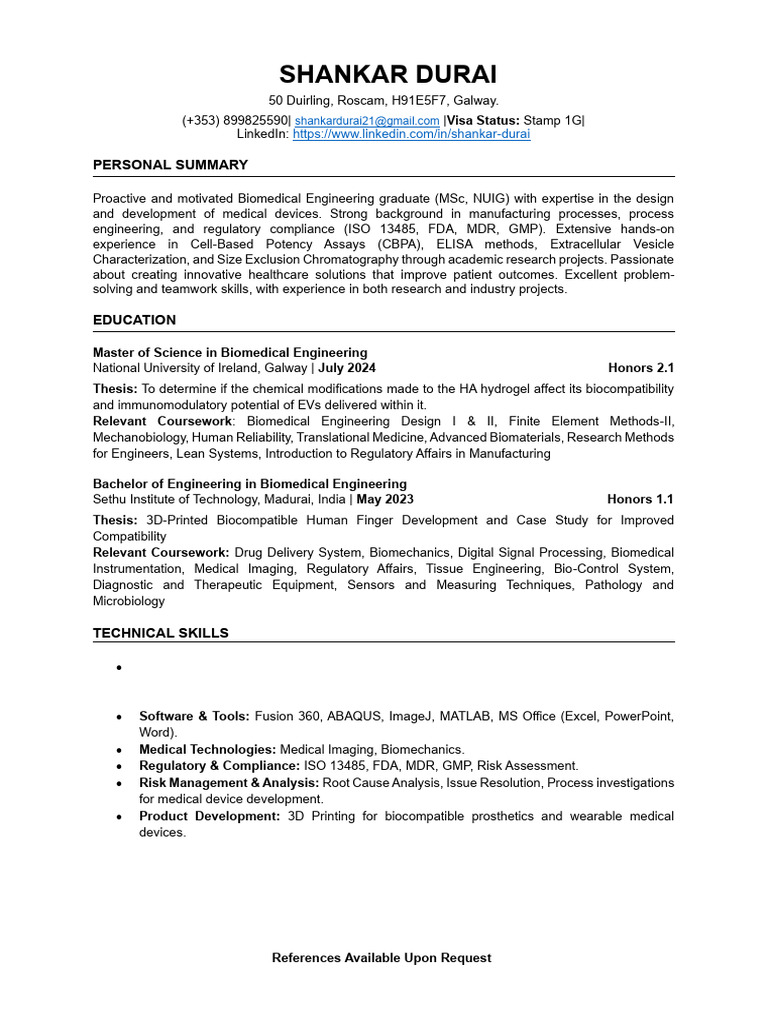 CV Graduate Shankar Durai | PDF | Biomedical Engineering | Medical Device